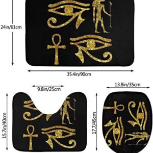 Ancient Egyptian Ankh Gold Bathroom Antiskid Pad Set 3 Piece Bath Mat,Water Absorption Contour,Toilet Lid Cover