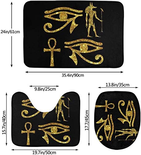 Ancient Egyptian Ankh Gold Bathroom Antiskid Pad Set 3 Piece Bath Mat,Water Absorption Contour,Toilet Lid Cover