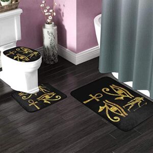 Ancient Egyptian Ankh Gold Bathroom Antiskid Pad Set 3 Piece Bath Mat,Water Absorption Contour,Toilet Lid Cover