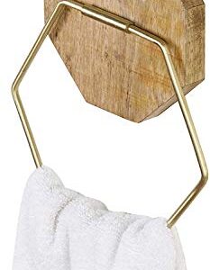 MyGift Brass Tone Metal Hexagon Wall Mounted Bathroom Hand Towel Ring with Mango Wood Geometric Backing - Handcrafted in India