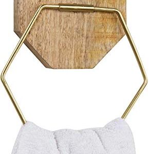 MyGift Brass Tone Metal Hexagon Wall Mounted Bathroom Hand Towel Ring with Mango Wood Geometric Backing - Handcrafted in India