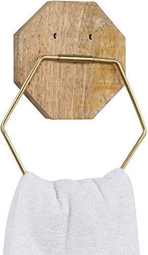 MyGift Brass Tone Metal Hexagon Wall Mounted Bathroom Hand Towel Ring with Mango Wood Geometric Backing - Handcrafted in India