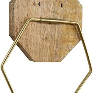 MyGift Brass Tone Metal Hexagon Wall Mounted Bathroom Hand Towel Ring with Mango Wood Geometric Backing - Handcrafted in India