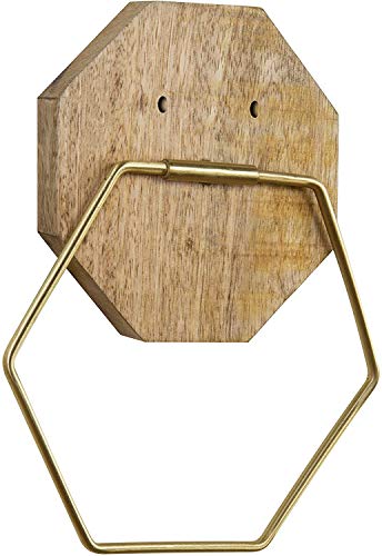 MyGift Brass Tone Metal Hexagon Wall Mounted Bathroom Hand Towel Ring with Mango Wood Geometric Backing - Handcrafted in India