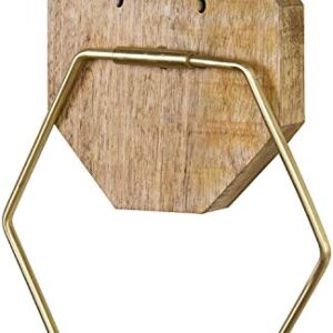 MyGift Brass Tone Metal Hexagon Wall Mounted Bathroom Hand Towel Ring with Mango Wood Geometric Backing - Handcrafted in India