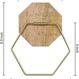 MyGift Brass Tone Metal Hexagon Wall Mounted Bathroom Hand Towel Ring with Mango Wood Geometric Backing - Handcrafted in India