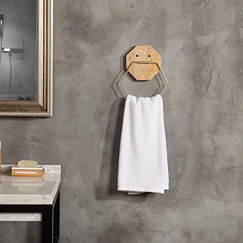 MyGift Brass Tone Metal Hexagon Wall Mounted Bathroom Hand Towel Ring with Mango Wood Geometric Backing - Handcrafted in India