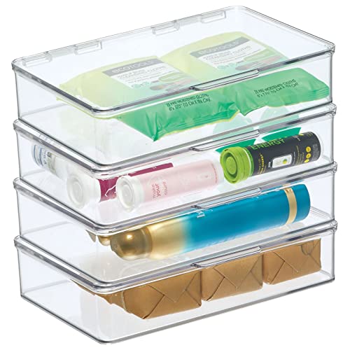 mDesign Plastic Stackable Storage Organizer Bin with Hinged Lid for Bathroom, Cabinet, Drawer, Under Sink, Shelf Organization Holds Medicine, Bath Essentials, Cleaning Supplies - 4 Pack - Clear