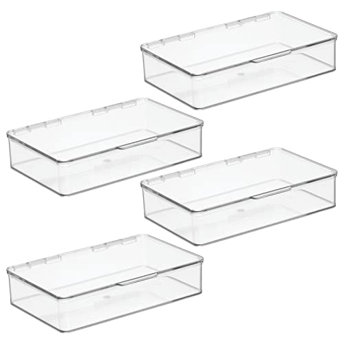 mDesign Plastic Stackable Storage Organizer Bin with Hinged Lid for Bathroom, Cabinet, Drawer, Under Sink, Shelf Organization Holds Medicine, Bath Essentials, Cleaning Supplies - 4 Pack - Clear