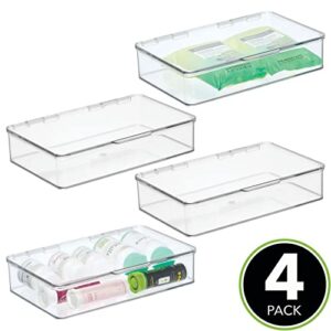 mDesign Plastic Stackable Storage Organizer Bin with Hinged Lid for Bathroom, Cabinet, Drawer, Under Sink, Shelf Organization Holds Medicine, Bath Essentials, Cleaning Supplies - 4 Pack - Clear