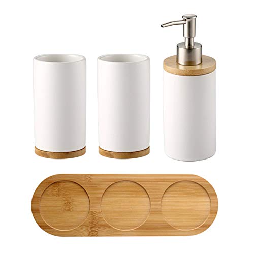 Onepine 4-Piece Ceramic Bathroom Set Includes Soap Dispenser Pump, Toothbrush Holder, Tumblers, Wooden Tray