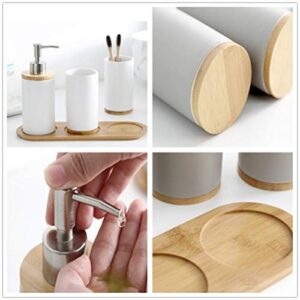 Onepine 4-Piece Ceramic Bathroom Set Includes Soap Dispenser Pump, Toothbrush Holder, Tumblers, Wooden Tray