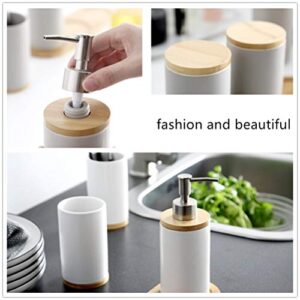 Onepine 4-Piece Ceramic Bathroom Set Includes Soap Dispenser Pump, Toothbrush Holder, Tumblers, Wooden Tray