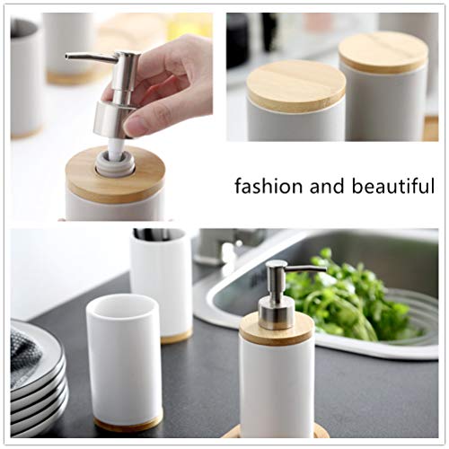 Onepine 4-Piece Ceramic Bathroom Set Includes Soap Dispenser Pump, Toothbrush Holder, Tumblers, Wooden Tray