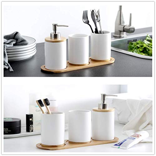 Onepine 4-Piece Ceramic Bathroom Set Includes Soap Dispenser Pump, Toothbrush Holder, Tumblers, Wooden Tray