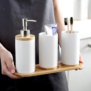 Onepine 4-Piece Ceramic Bathroom Set Includes Soap Dispenser Pump, Toothbrush Holder, Tumblers, Wooden Tray