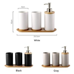 Onepine 4-Piece Ceramic Bathroom Set Includes Soap Dispenser Pump, Toothbrush Holder, Tumblers, Wooden Tray