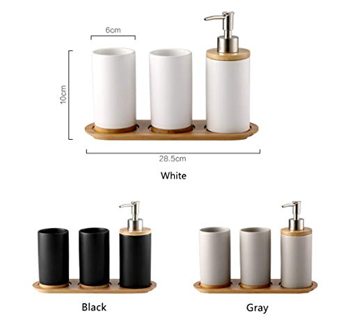 Onepine 4-Piece Ceramic Bathroom Set Includes Soap Dispenser Pump, Toothbrush Holder, Tumblers, Wooden Tray