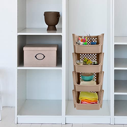 Spec101 Plastic Stackable Storage Bins - 4pc Tan Closet Organizer Bins 28in Tall Big Plastic Boxes for Home and Kitchen