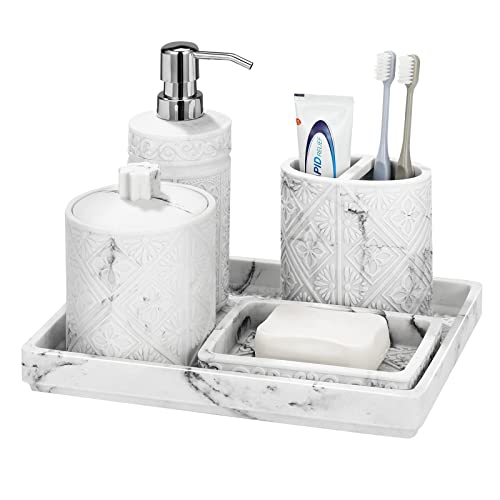 Lewondr Bathroom Accessories Set, 5-Piece Resin+Grit Embossed Bath Countertop Set with Vanity Tray, Soap Dish, Soap & Lotion Dispenser, Cotton Jar, Divided Toothbrush Holder - White