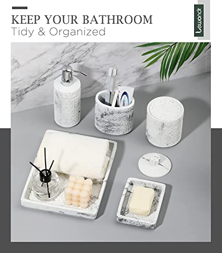 Lewondr Bathroom Accessories Set, 5-Piece Resin+Grit Embossed Bath Countertop Set with Vanity Tray, Soap Dish, Soap & Lotion Dispenser, Cotton Jar, Divided Toothbrush Holder - White