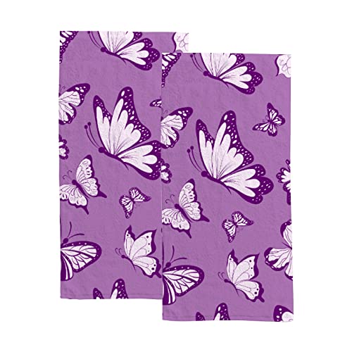 Hand Bath Towels 2 Pack Violet Butterflies Absorbent Face Fingertip Towels for Bathroom Kitchen Gym Spa Soft Hair Drying Cloth Quick Dry, 30 x 15 Inch