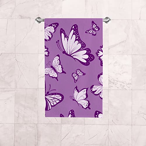 Hand Bath Towels 2 Pack Violet Butterflies Absorbent Face Fingertip Towels for Bathroom Kitchen Gym Spa Soft Hair Drying Cloth Quick Dry, 30 x 15 Inch