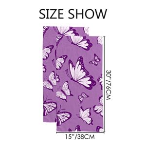 Hand Bath Towels 2 Pack Violet Butterflies Absorbent Face Fingertip Towels for Bathroom Kitchen Gym Spa Soft Hair Drying Cloth Quick Dry, 30 x 15 Inch