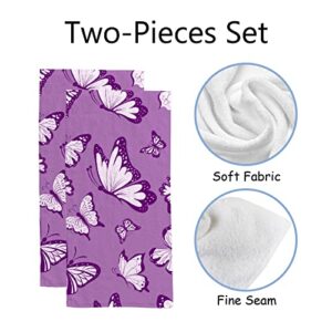 Hand Bath Towels 2 Pack Violet Butterflies Absorbent Face Fingertip Towels for Bathroom Kitchen Gym Spa Soft Hair Drying Cloth Quick Dry, 30 x 15 Inch