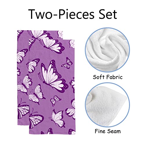 Hand Bath Towels 2 Pack Violet Butterflies Absorbent Face Fingertip Towels for Bathroom Kitchen Gym Spa Soft Hair Drying Cloth Quick Dry, 30 x 15 Inch