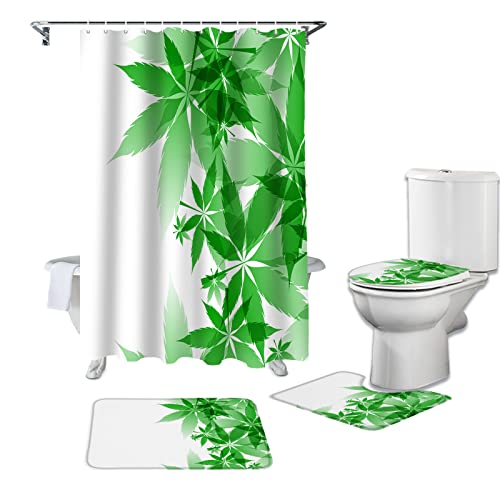 Marijuana Leaves 4 PCS Shower Curtain Sets, Waterproof Shower Curtains with Plastic Hooks, Anti-Skid Rugs, Toilet Lid Cover and Soft Bath Mat, for Bathroom Decor Set Simple Green Gradient Texture