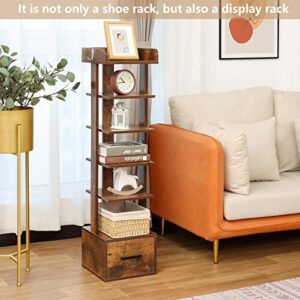 usikey 6 Tiers Vertical Shoe Rack, Entryway Wooden Shoe Rack with Bottom Drawer & Extra Top Storage, Tall Shoe Rack Organizer with 2 Hooks, Space Saving Shoe Tower for Small Space, Rustic Brown