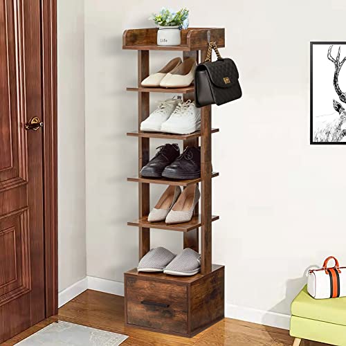 usikey 6 Tiers Vertical Shoe Rack, Entryway Wooden Shoe Rack with Bottom Drawer & Extra Top Storage, Tall Shoe Rack Organizer with 2 Hooks, Space Saving Shoe Tower for Small Space, Rustic Brown