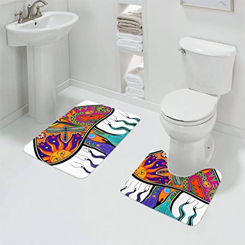 Water Absorbent Bathroom Rugs 2 Piece Set Compatible with Trippy Magic Mushrooms Tree Sun Art, Memory Foam Bathroom Rugs Floor Mat Contour Toilet Mat Non-Slip for Tub Shower Toilet