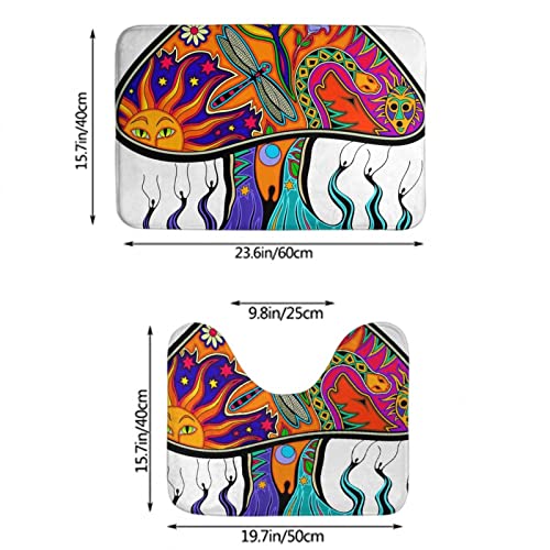 Water Absorbent Bathroom Rugs 2 Piece Set Compatible with Trippy Magic Mushrooms Tree Sun Art, Memory Foam Bathroom Rugs Floor Mat Contour Toilet Mat Non-Slip for Tub Shower Toilet