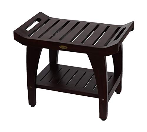 DecoTeak Tranquility Shower Bench Teak Wood Shower Stool with Storage Shelf 24" Wide Eastern Style 300 Pound Weight Capacity Shower Bench in Woodland Brown Finish