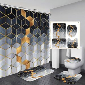 lqcool 4pcs dark blue gradient shower curtain set,golden cubic lines bathroom set texture bathroom decor set modern art bath accessories with mats