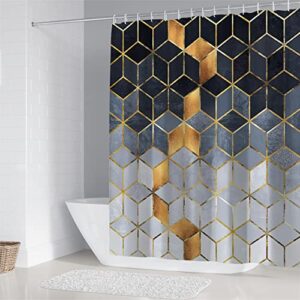 LQCOOL 4Pcs Dark Blue Gradient Shower Curtain Set,Golden Cubic Lines Bathroom Set Texture Bathroom Decor Set Modern Art Bath Accessories with Mats