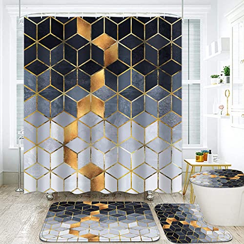 LQCOOL 4Pcs Dark Blue Gradient Shower Curtain Set,Golden Cubic Lines Bathroom Set Texture Bathroom Decor Set Modern Art Bath Accessories with Mats