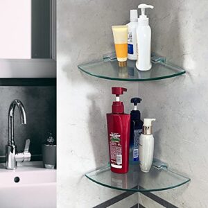 MOGFCT Bathroom Glass Shelf Shower Caddy Shelves with Aluminum Bracket Shampoo Holder Organizer Tempered Triangle Glass 8MM Extra Thick 2 Pack Wall