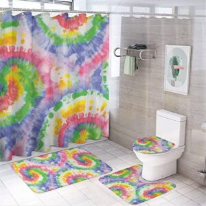 colorful tie dye swirls shower curtain sets with non-slip rugs, toilet lid cover and bath mat, green purple pink bathroom decor set accessories waterproof shower curtains