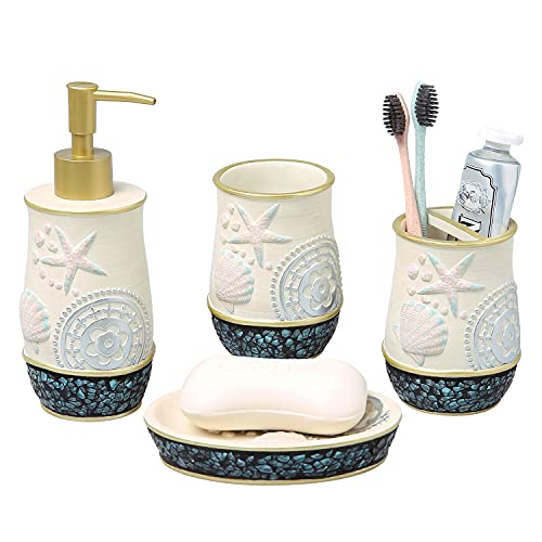 MyGift 4 Piece Countertop Coastal Cape Cod Bathroom Accessories Set with Embossed Seashell Starfish Design Includes Soap Dish, Tumbler, Toothbrush Holder, Vintage Brass Pump Dispenser