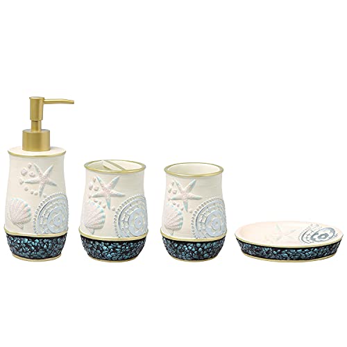 MyGift 4 Piece Countertop Coastal Cape Cod Bathroom Accessories Set with Embossed Seashell Starfish Design Includes Soap Dish, Tumbler, Toothbrush Holder, Vintage Brass Pump Dispenser