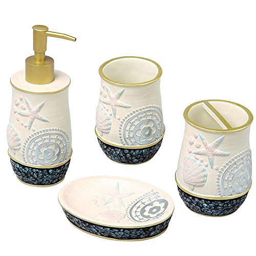 MyGift 4 Piece Countertop Coastal Cape Cod Bathroom Accessories Set with Embossed Seashell Starfish Design Includes Soap Dish, Tumbler, Toothbrush Holder, Vintage Brass Pump Dispenser