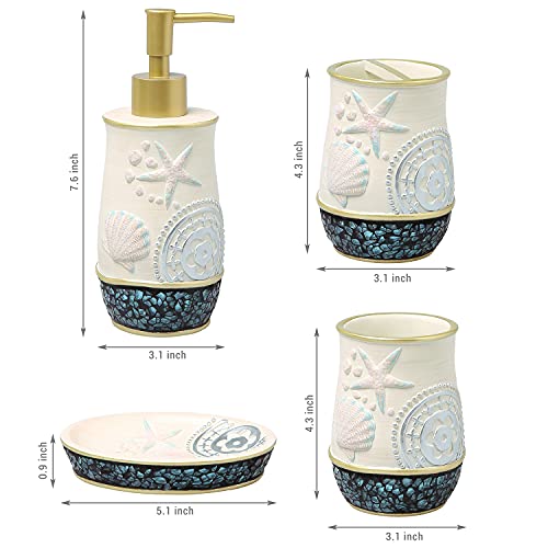 MyGift 4 Piece Countertop Coastal Cape Cod Bathroom Accessories Set with Embossed Seashell Starfish Design Includes Soap Dish, Tumbler, Toothbrush Holder, Vintage Brass Pump Dispenser