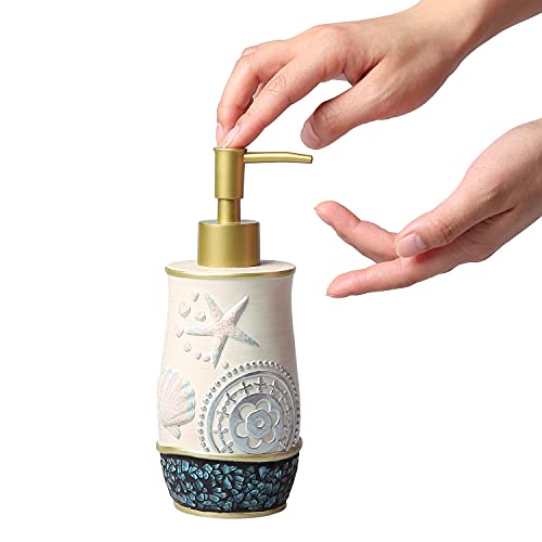 MyGift 4 Piece Countertop Coastal Cape Cod Bathroom Accessories Set with Embossed Seashell Starfish Design Includes Soap Dish, Tumbler, Toothbrush Holder, Vintage Brass Pump Dispenser