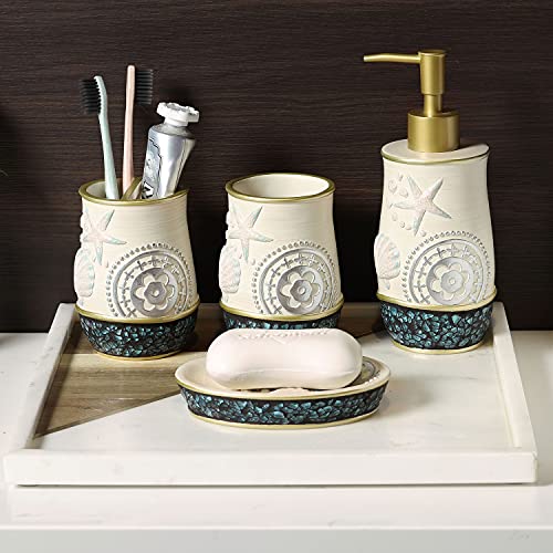 MyGift 4 Piece Countertop Coastal Cape Cod Bathroom Accessories Set with Embossed Seashell Starfish Design Includes Soap Dish, Tumbler, Toothbrush Holder, Vintage Brass Pump Dispenser