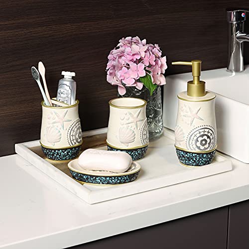 MyGift 4 Piece Countertop Coastal Cape Cod Bathroom Accessories Set with Embossed Seashell Starfish Design Includes Soap Dish, Tumbler, Toothbrush Holder, Vintage Brass Pump Dispenser