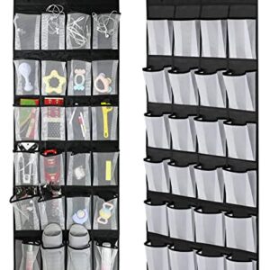 CdyBox 24 Grid Door Rear Finishing Storage Hanging with 4 Silver-plated Metal Hooks Over the Door Shoe Organizer (Black)