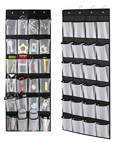 CdyBox 24 Grid Door Rear Finishing Storage Hanging with 4 Silver-plated Metal Hooks Over the Door Shoe Organizer (Black)